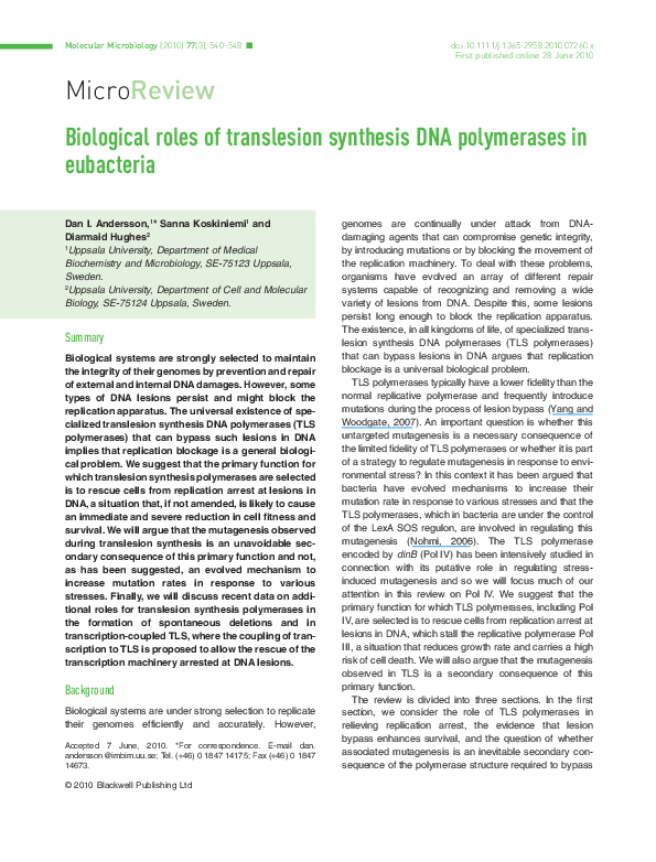 (PDF) Biological roles of translesion synthesis DNA polymerases in ...