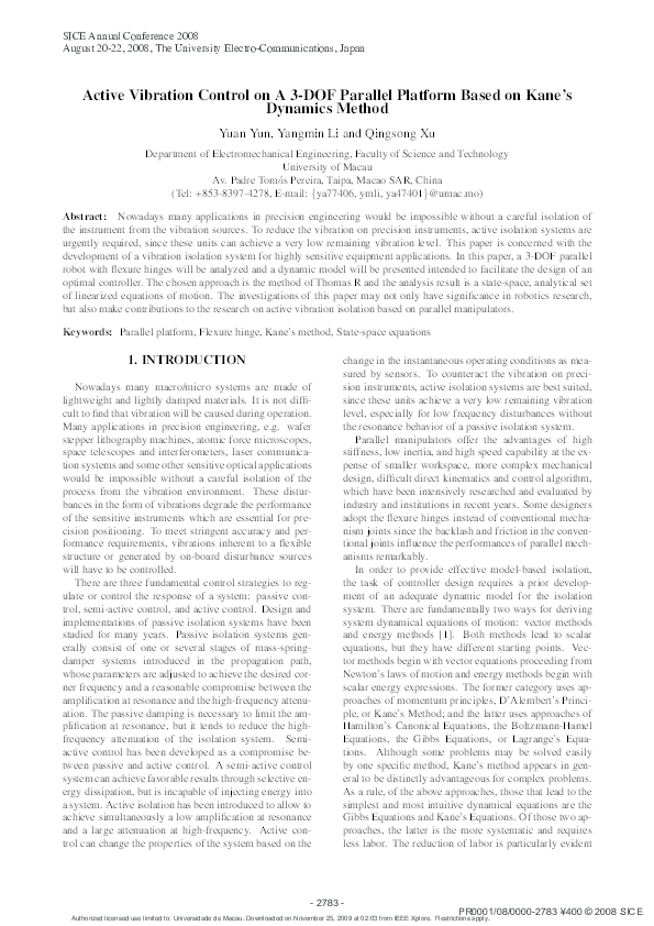 Pdf Active Vibration Control On A3 Dof Parallel Platform Based On Kanes Dynamic Method