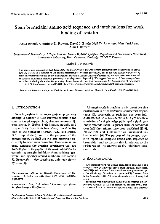 (PDF) Stem bromelain: Amino acid sequence and implications for weak ...