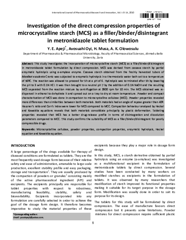 (PDF) Investigation of the direct compression properties of ...