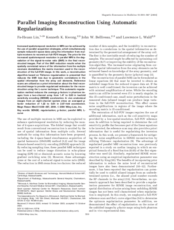 Pdf Parallel Imaging Reconstruction Using Automatic Regularization Fa Hsuan Lin