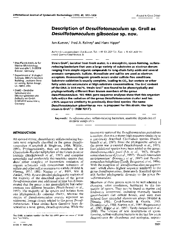 (PDF) Description of Desulfotomaculum spa Groll as Desulfotomaculum ...