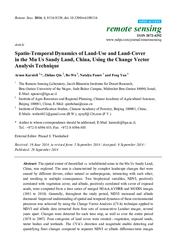 Pdf Spatio Temporal Dynamics Of Land Use And Land Cover In The Mu Us Sandy Land China Using