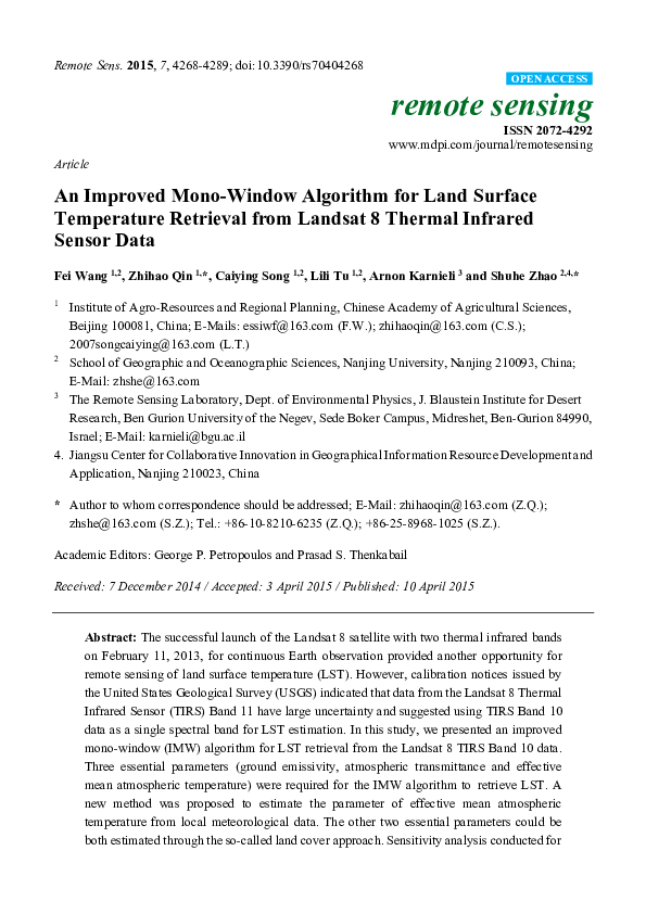 Pdf An Improved Mono Window Algorithm For Land Surface Temperature Retrieval From Landsat 8