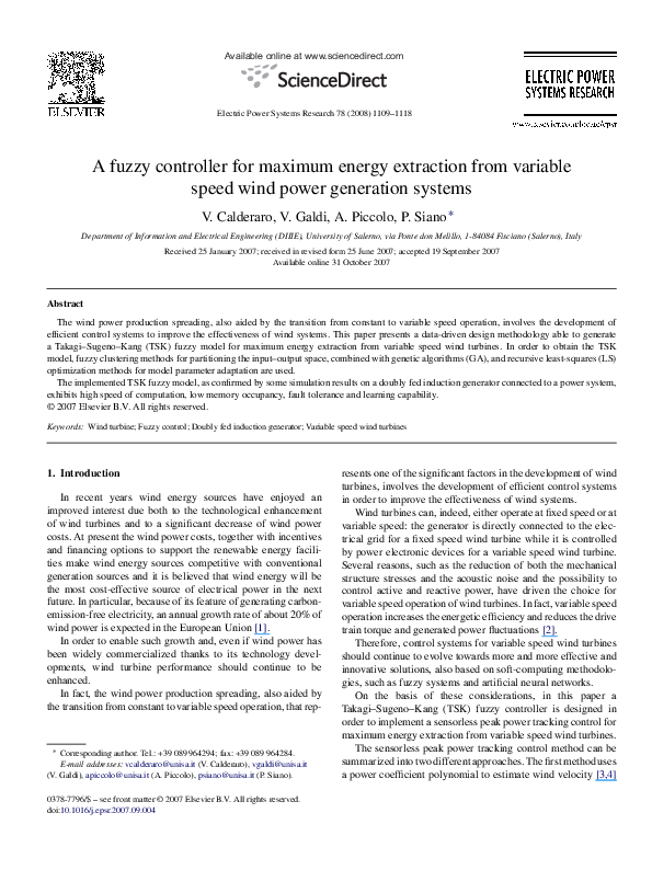 Pdf A Fuzzy Controller For Maximum Energy Extraction From Variable Speed Wind Power Generation 7303