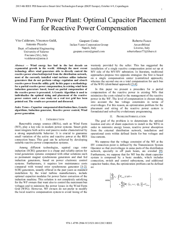 (PDF) Wind farm power plant: Optimal capacitor placement for reactive power compensation