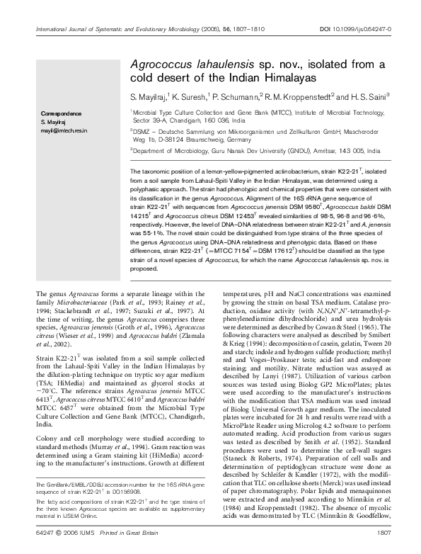 (PDF) Agrococcus lahaulensis sp. nov., isolated from a cold desert of ...