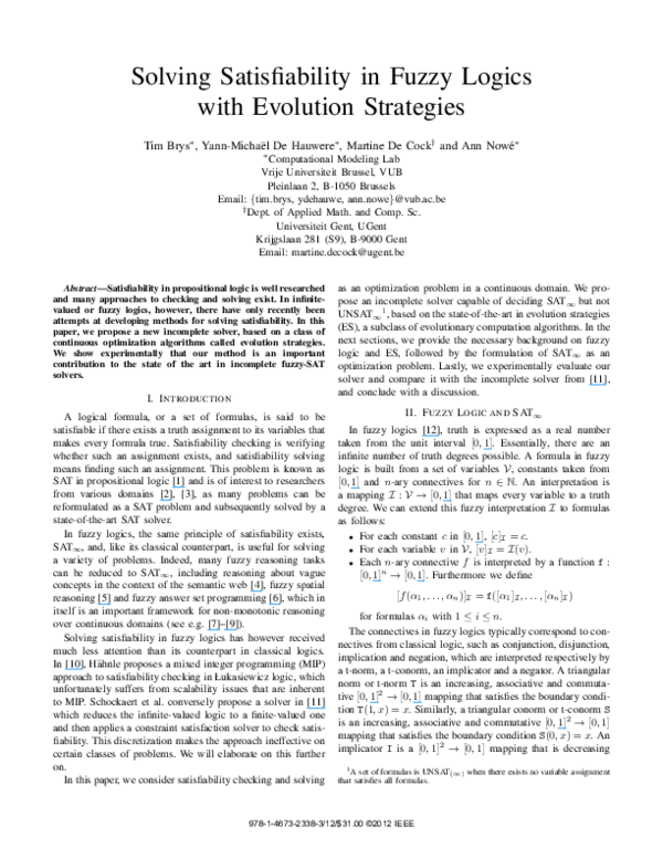 (PDF) Solving satisfiability in fuzzy logics with evolution strategies
