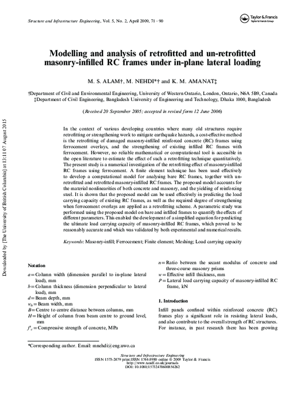 Pdf Modelling And Analysis Of Retrofitted And Un Retrofitted Masonry Infilled Rc Frames Under