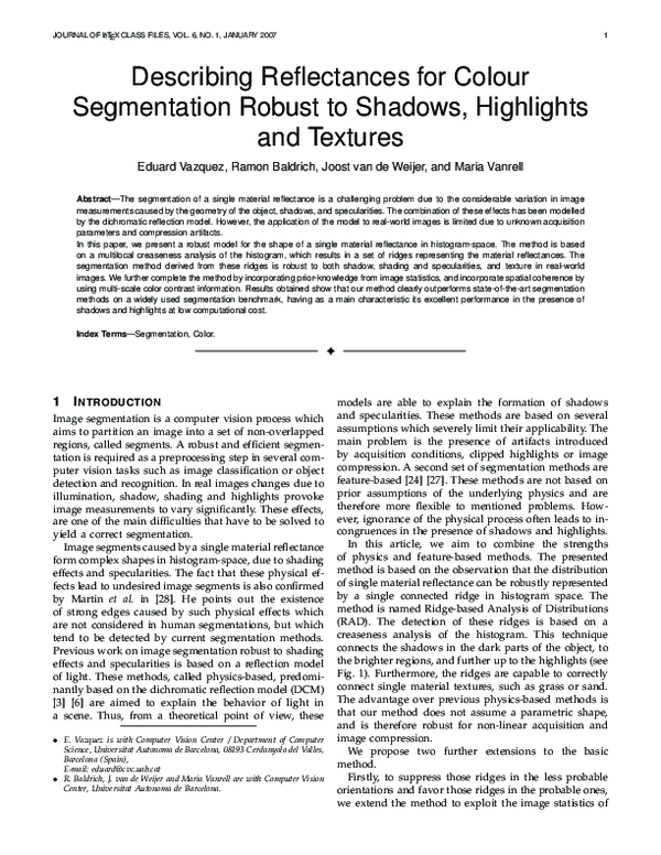 (PDF) Describing Reflectances for Color Segmentation Robust to Shadows, Highlights, and Textures ...