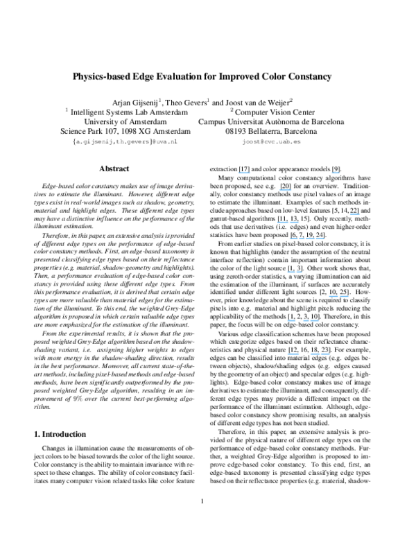 (PDF) Physics-based edge evaluation for improved color constancy