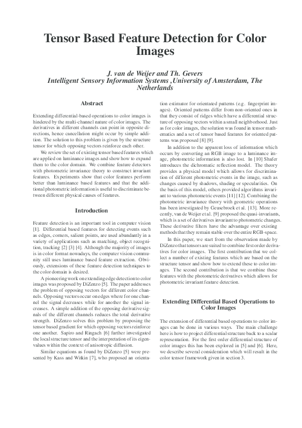 Pdf Tensor Based Feature Detection For Color Images
