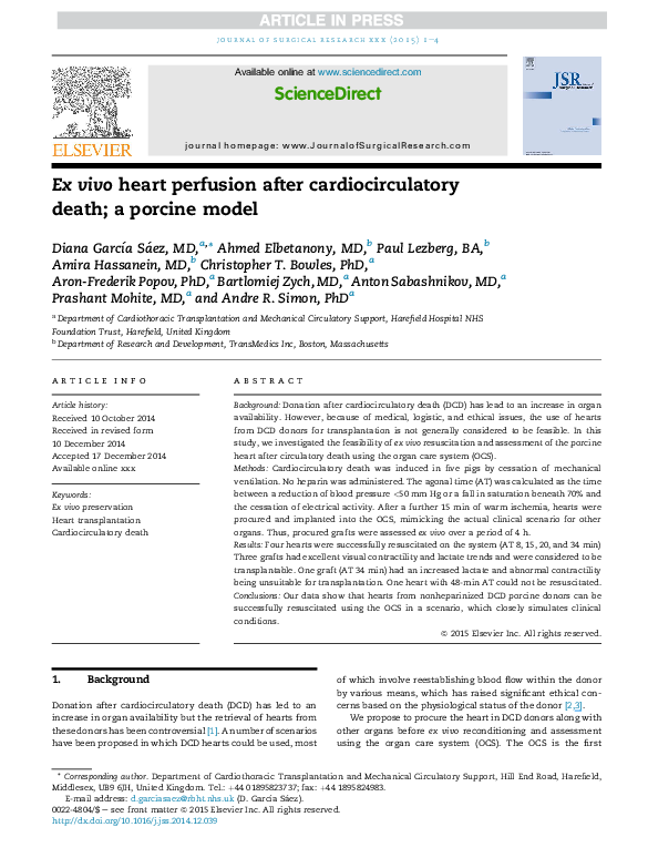 (PDF) Ex vivo heart perfusion after cardiocirculatory death; a porcine ...