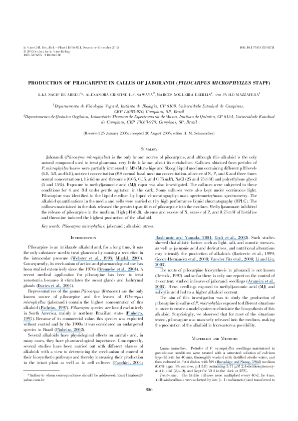 (PDF) Production of pilocarpine in callus of jaborandi (pilocarpus ...
