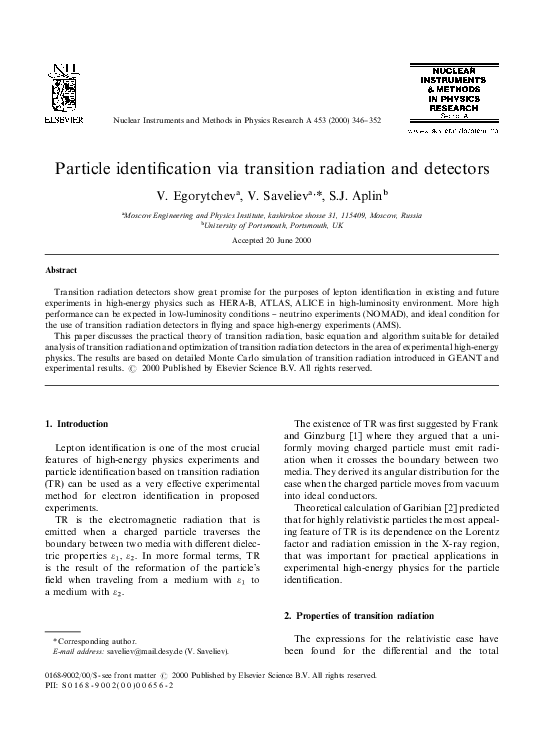 (PDF) Particle identification via transition radiation and detectors
