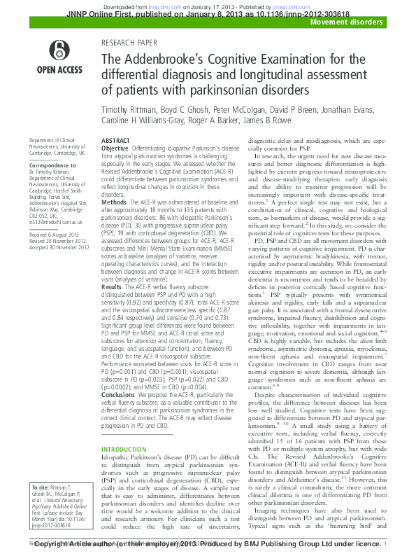 (PDF) The Addenbrooke's Cognitive Examination for the differential ...