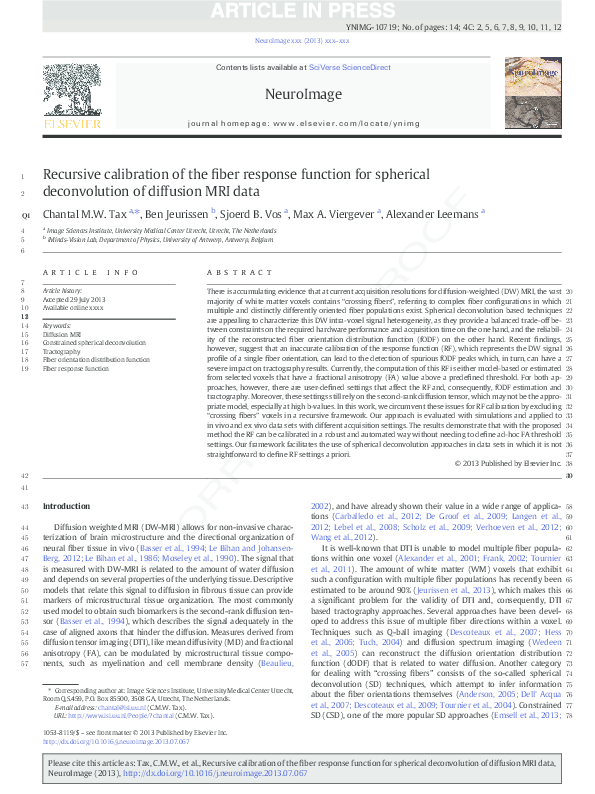 Pdf Recursive Calibration Of The Fiber Response Function For Spherical Deconvolution Of