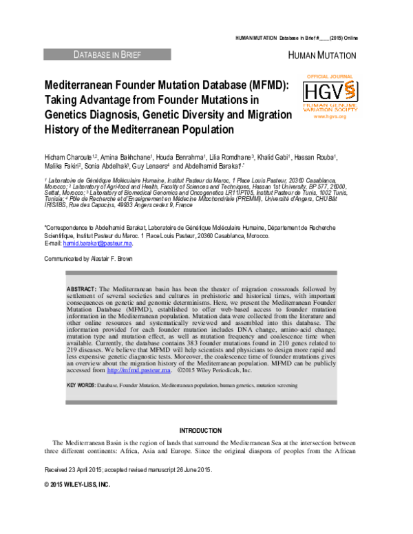 (PDF) Mediterranean Founder Mutation Database (MFMD): Taking Advantage ...