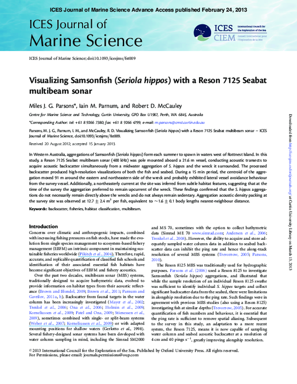 (PDF) Visualizing Samsonfish (Seriola hippos) with a Reson 7125 Seabat ...