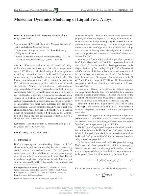 (PDF) Molecular Dynamics Modelling of Liquid Fe-C Alloys
