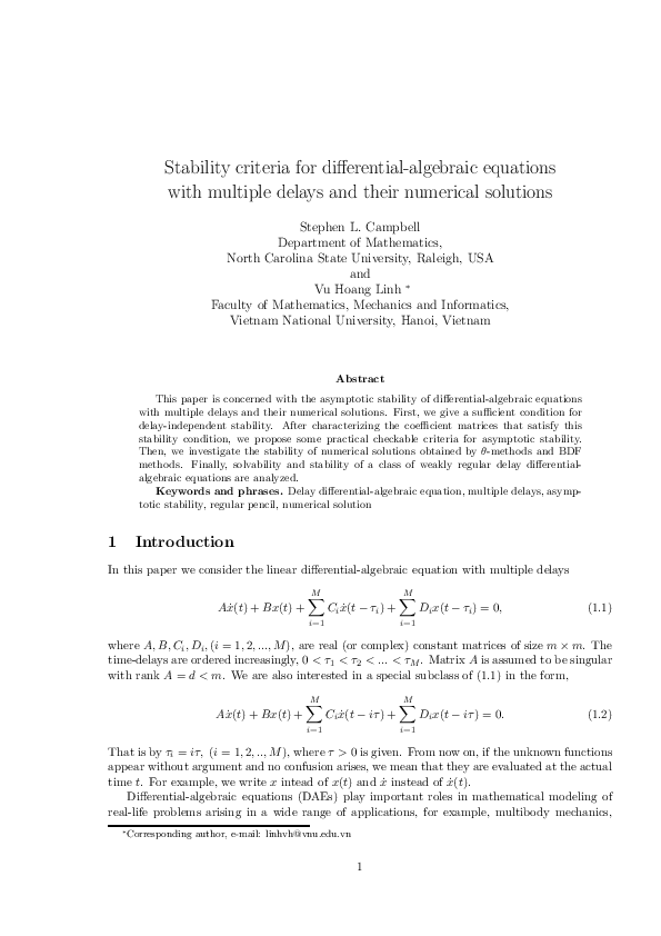 (PDF) Stability criteria for differential-algebraic equations with multiple delays and their ...