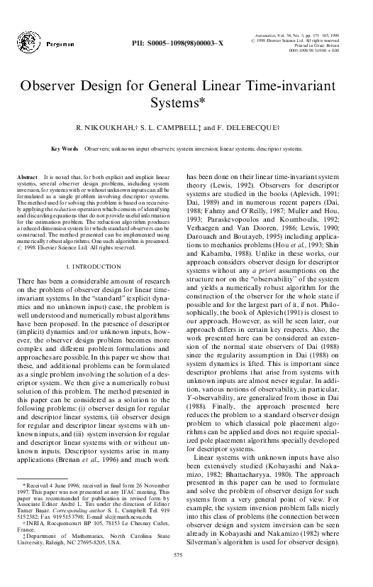 (PDF) Observer Design for General Linear Time-invariant Systems