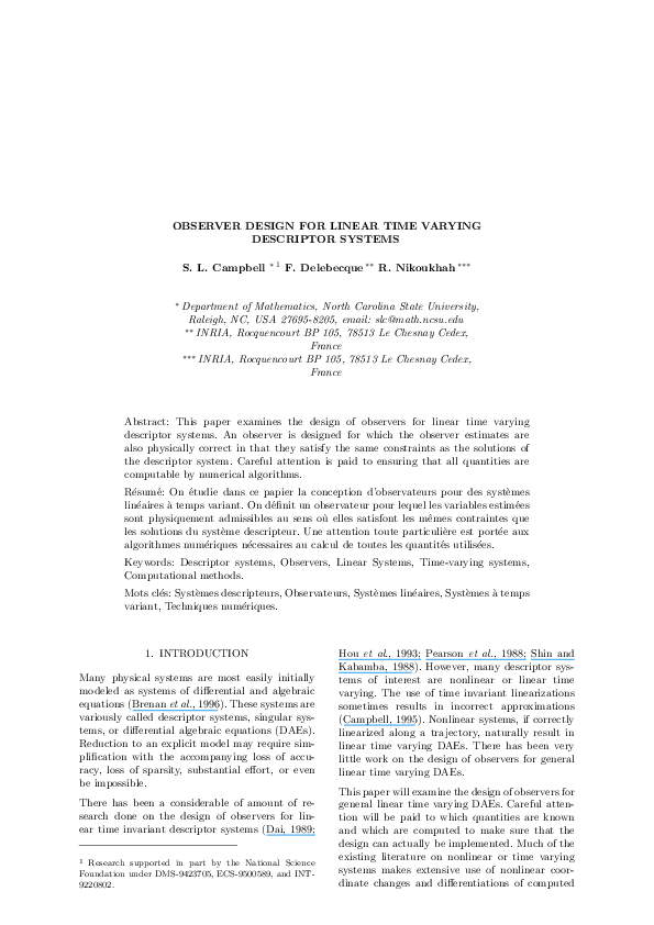 Pdf Observer Design For Linear Time Varying Descriptor Systems