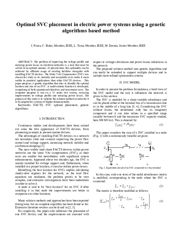 Pdf Optimal Svc Placement In Electric Power Systems Using A Genetic Algorithms Based Method
