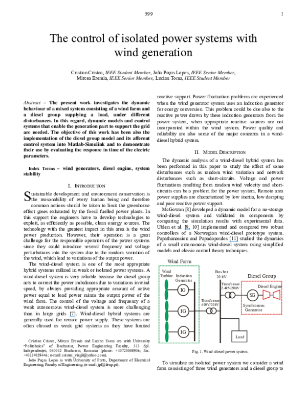 (PDF) The control of isolated power systems with wind generation