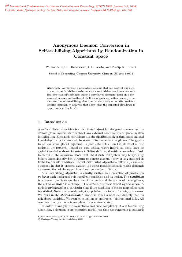 (PDF) Anonymous Daemon Conversion in Self-stabilizing Algorithms by Randomization in Constant Space