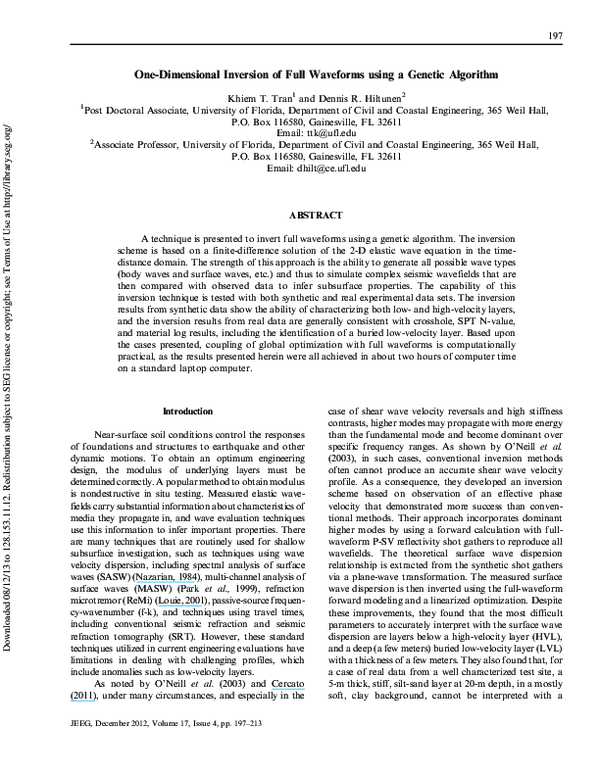 (PDF) One-Dimensional Inversion of Full Waveforms using a Genetic Algorithm