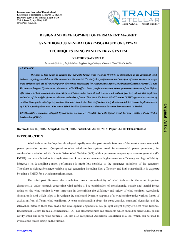 DESIGN AND DEVELOPMENT OF PERMANENT MAGNET SYNCHRONOUS GENERATOR (PMSG ...
