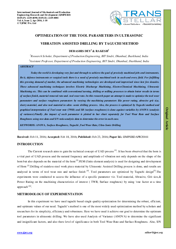 OPTIMIZATION OF THE TOOL PARAMETERS IN ULTRASONIC VIBRATION ASSISTED DRILLING BY TAGUCHI METHOD