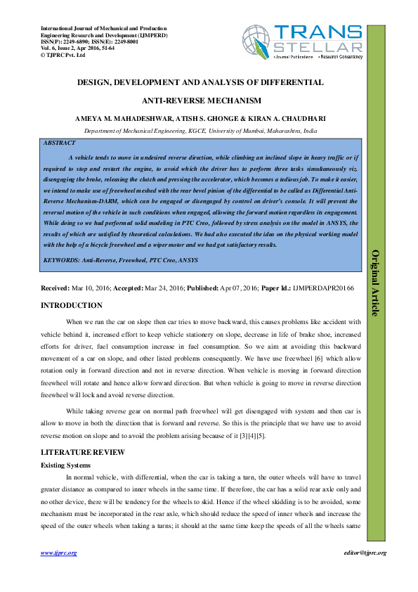 DESIGN, DEVELOPMENT AND ANALYSIS OF DIFFERENTIAL ANTI-REVERSE MECHANISM