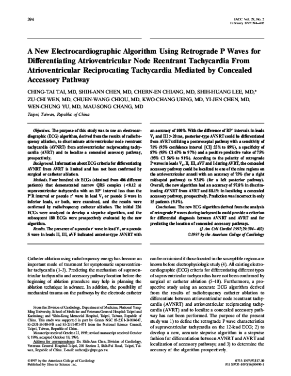 Pdf A New Electrocardiographic Algorithm Using Retrograde P Waves For Differentiating