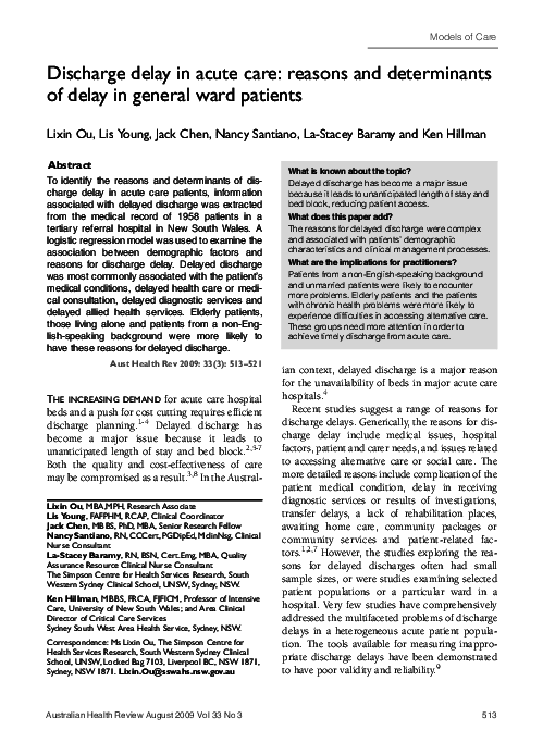 (PDF) Discharge delay in acute care: reasons and determinants of delay ...