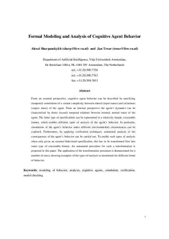 (PDF) Formal modeling and analysis of cognitive agent behavior