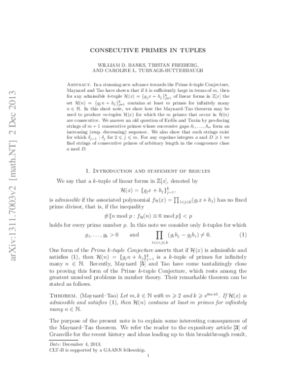 (PDF) Consecutive primes in tuples