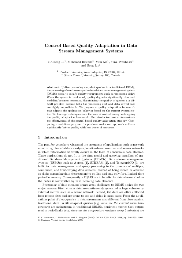 (PDF) Control-Based Quality Adaptation in Data Stream Management Systems