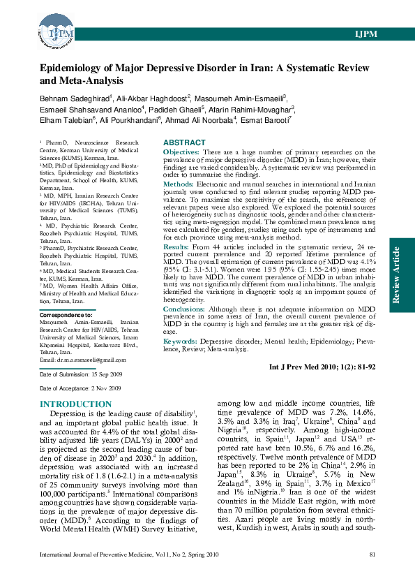 (PDF) Epidemiology of major depressive disorder in iran: a systematic review and meta-analysis