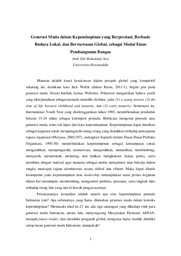 (PDF) GENERASI MUDA DALAM KEPEMIMPINAN YANG BERPRESTASI, BERBASIS BUDAYA LOKAL, DAN BERWAWASAN ...