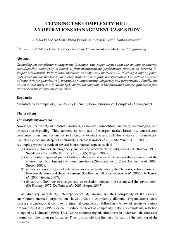 (PDF) Climbing the Complexity Hill: An Operations Management Case Study