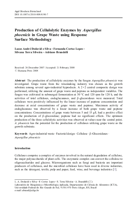 (PDF) Production of Cellulolytic Enzymes by Aspergillus phoenicis in Grape Waste using Response ...