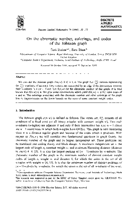 (PDF) On the chromatic number, colorings, and codes of the Johnson graph