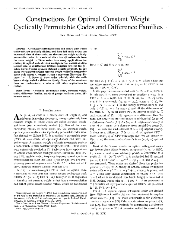 (PDF) Constructions for optimal constant weight cyclically permutable codes and difference families