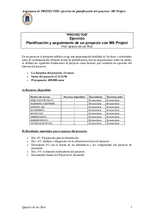 (DOC) " PROYECTOS " Ejercicio Planificación y seguimiento de un proyecto con MS Project