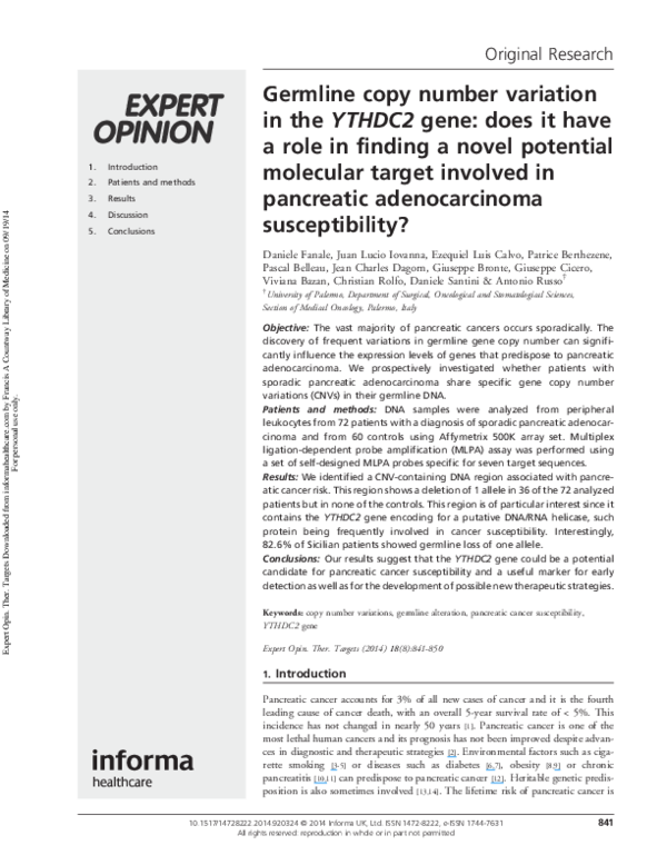(PDF) Germline copy number variation in the YTHDC2 gene: does it have a role in finding a novel ...
