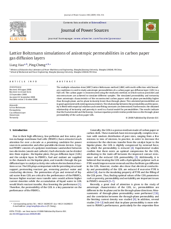 (PDF) Lattice Boltzmann simulations of anisotropic permeabilities in carbon paper gas diffusion ...