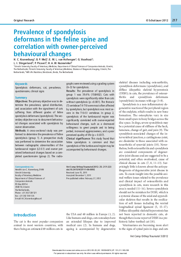 (PDF) Prevalence of spondylosis deformans in the feline spine and ...