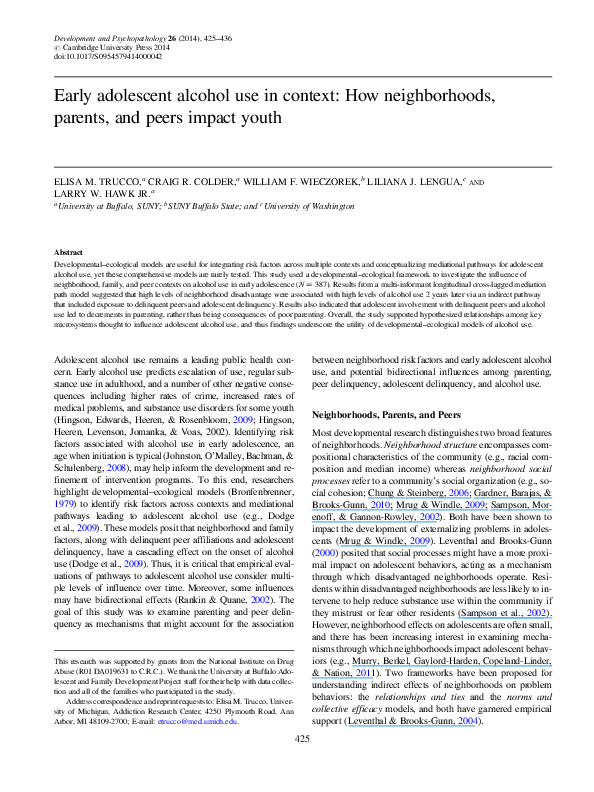 (PDF) Early adolescent alcohol use in context: How neighborhoods, parents, and peers impact youth